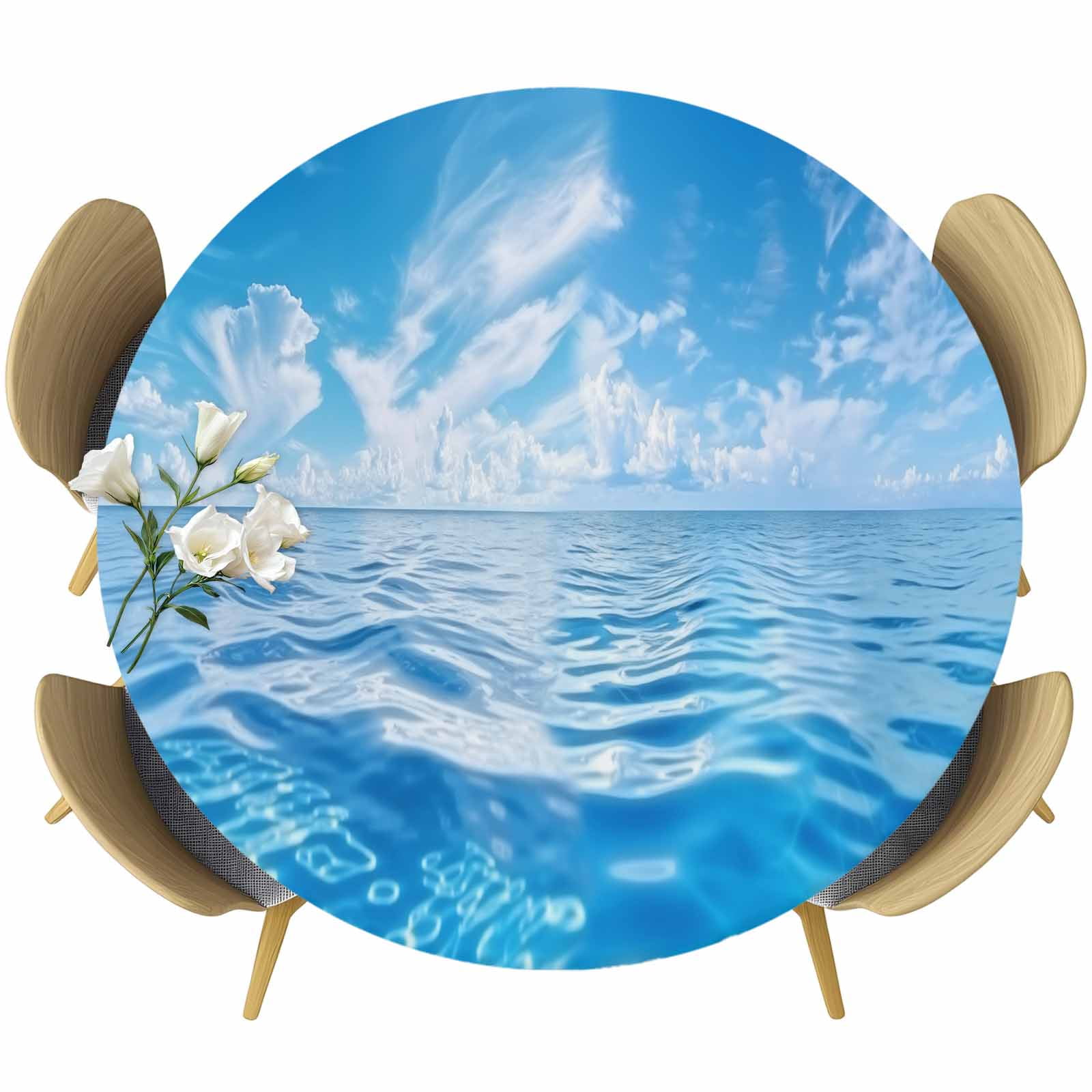 Blue Summer Beach Table Cloth, Round Fitted Tablecloths with Elastic ...