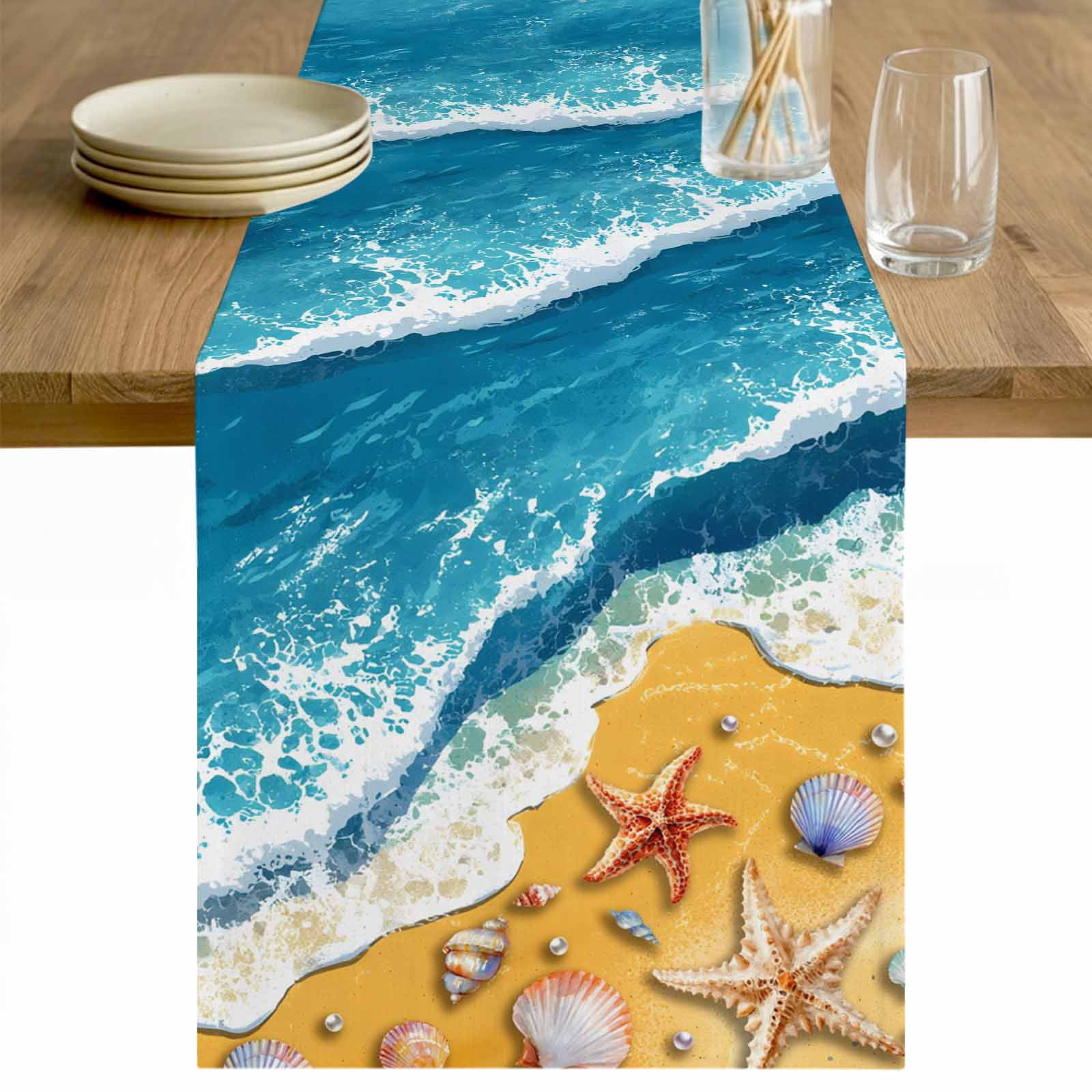 Blue Summer Beach Table Runner - 48 Inch Long Coastal Starfish Nautical ...
