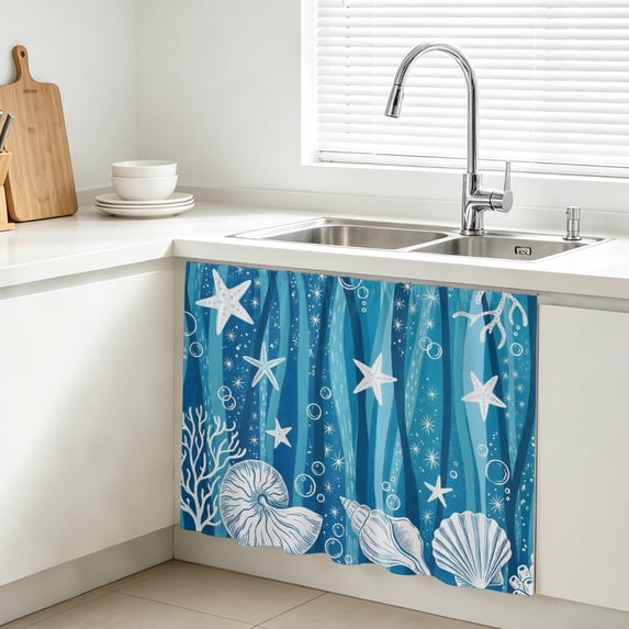 Blue Summer Cabinet Curtain, Starfish Shell Couch Seaweed Ocean Coastal ...