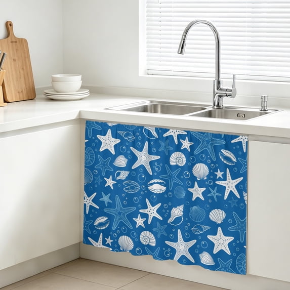 Blue Summer Cabinet Curtains for Kitchen 10"W x 11"L, Starfish Shell ...