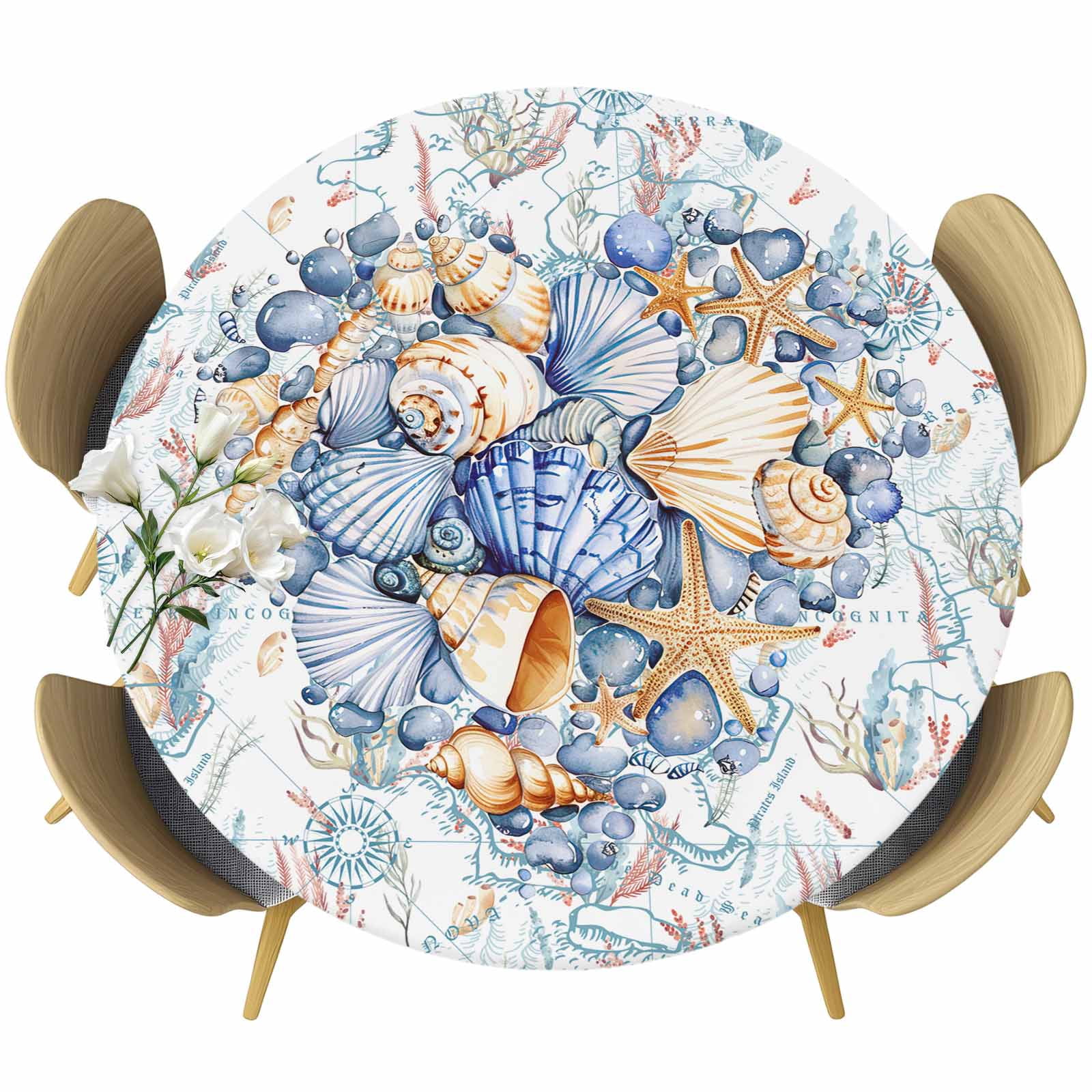 Blue Summer Coastal Round Tablecloth 36-44 Inch Round Fitted Table ...