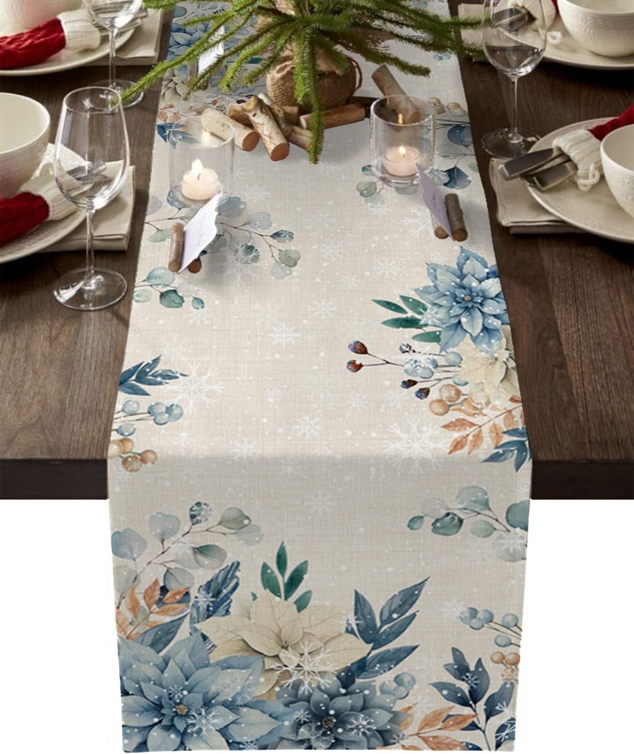 Blue Summer Floral Linen Table Runners Vintage Fall Flowers Dresser ...