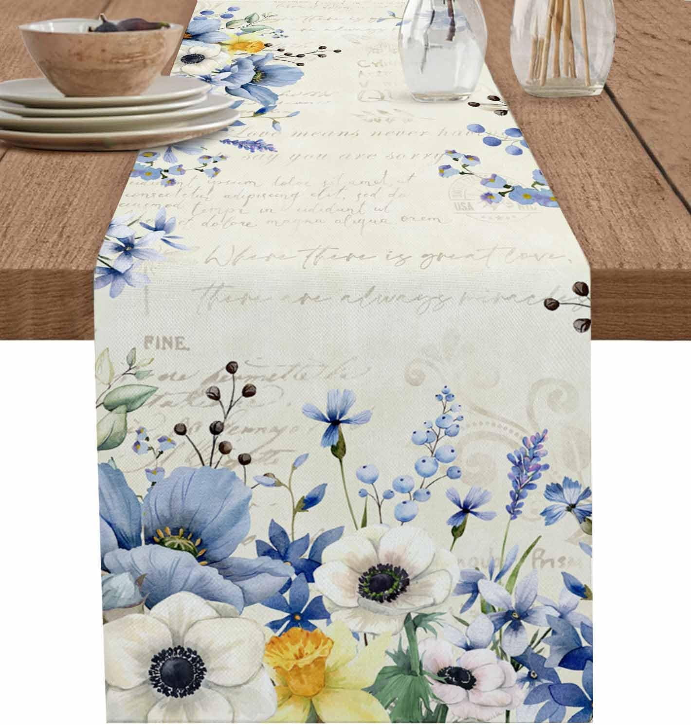 Blue Summer Floral Linen Table Runners Vintage Fall Flowers Dresser ...
