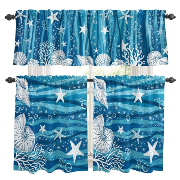 Blue Summer Kitchen Curtains Set for Windows, Starfish Shell Couch ...