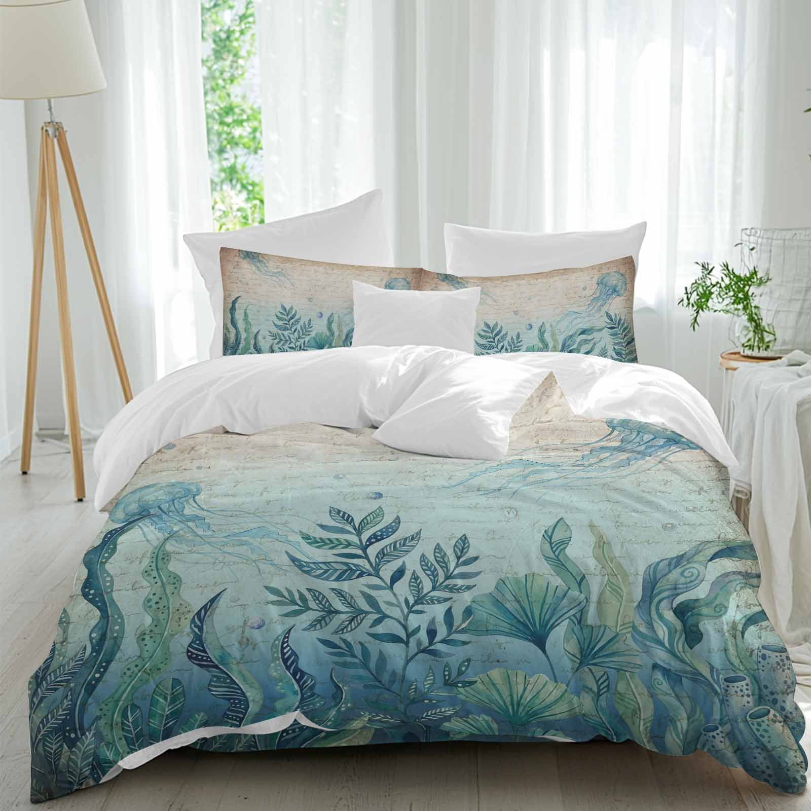 Blue Summer Ocean Comforter Set Full Size, Jellyfish Seaweed Vintage ...