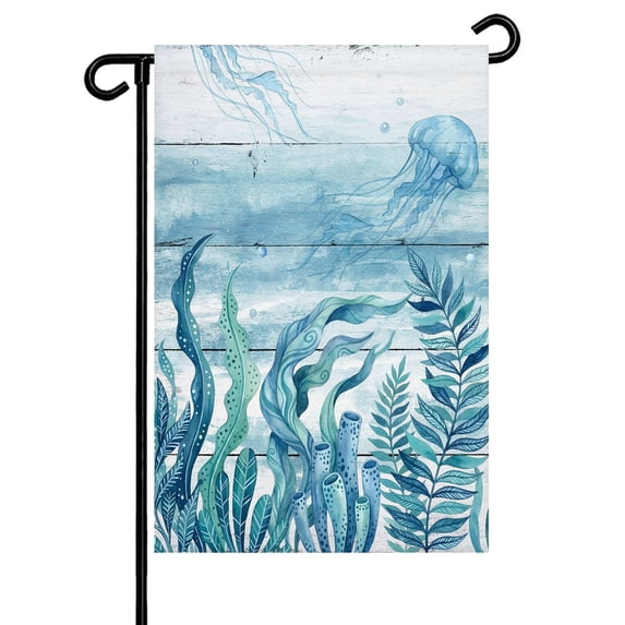 Blue Summer Ocean Garden Flag 28x40 Inch Jellyfish Seaweed Coastal Wood ...
