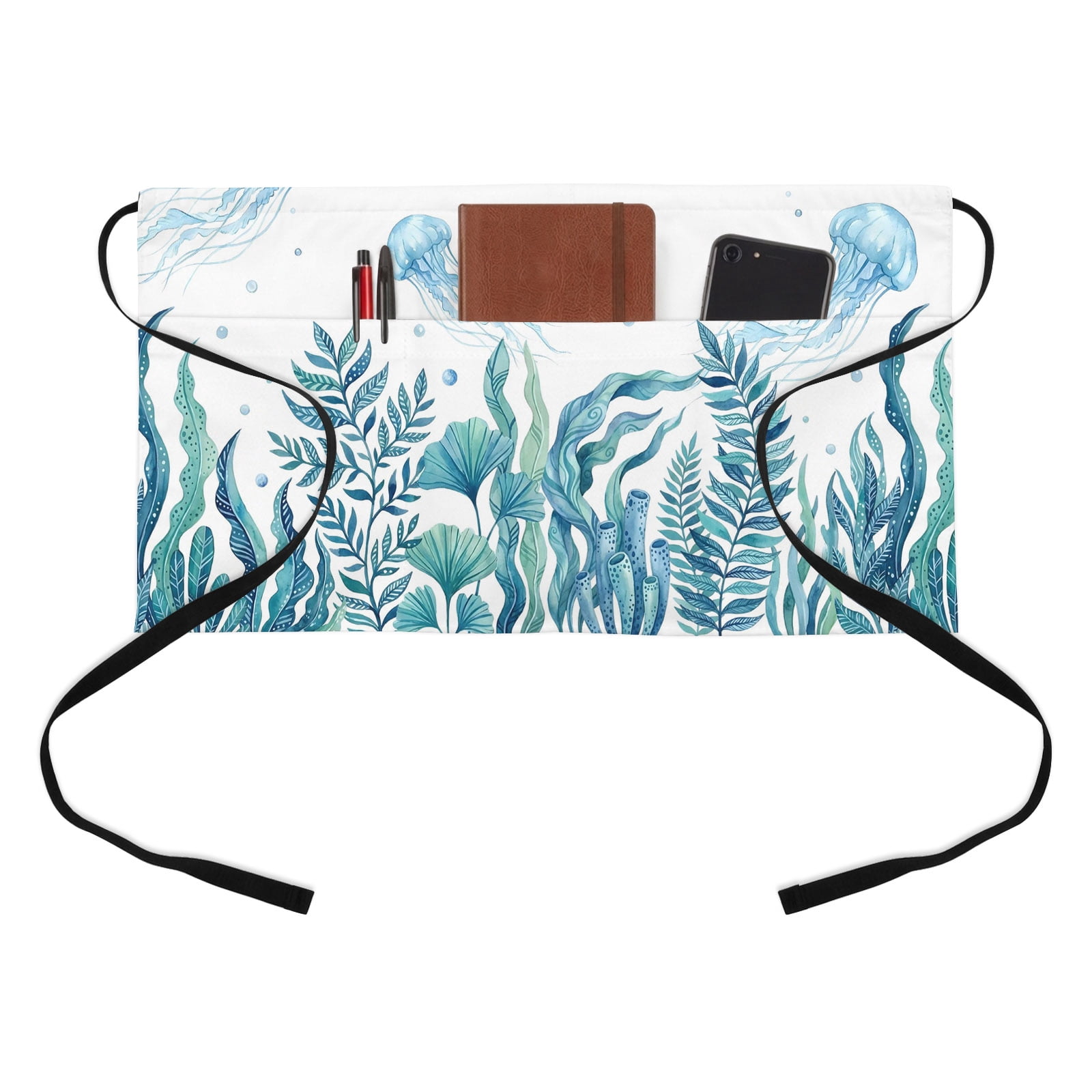 Blue Summer Ocean Half Waist Apron Jellyfish Seaweed Watercolor Coastal ...
