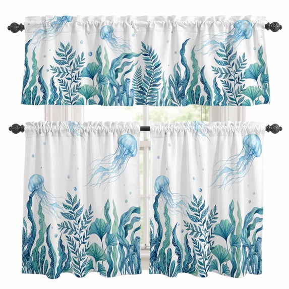 Blue Summer Ocean Kitchen Curtains Set for Windows, Jellyfish Seaweed ...