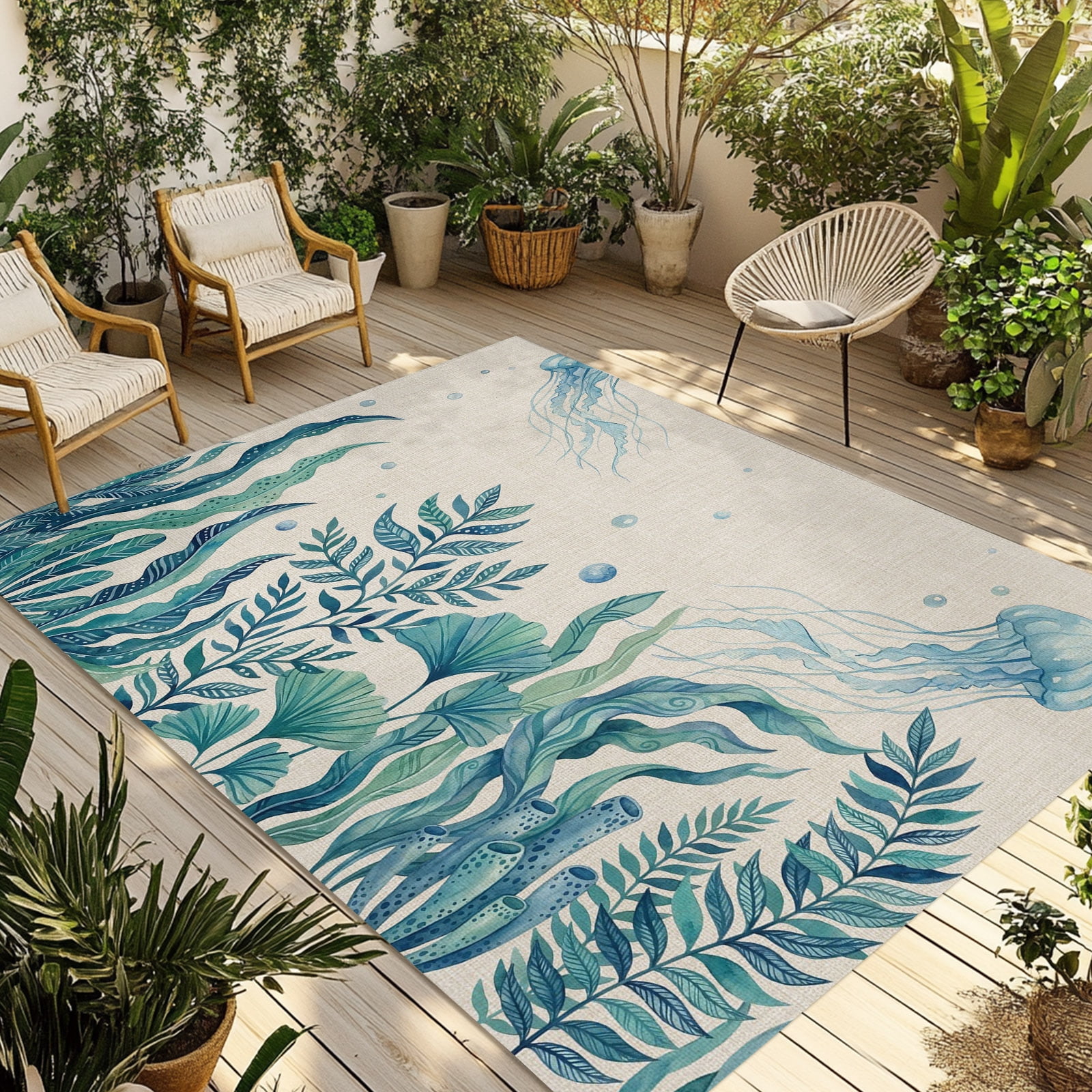 Blue Summer Ocean Outdoor Rug 3x5 ft Jellyfish Seaweed Vintage Coastal ...