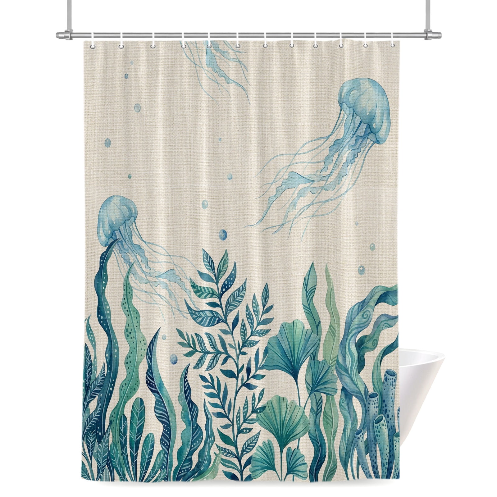 Blue Summer Ocean Shower Curtain, Jellyfish Seaweed Vintage Coastal ...