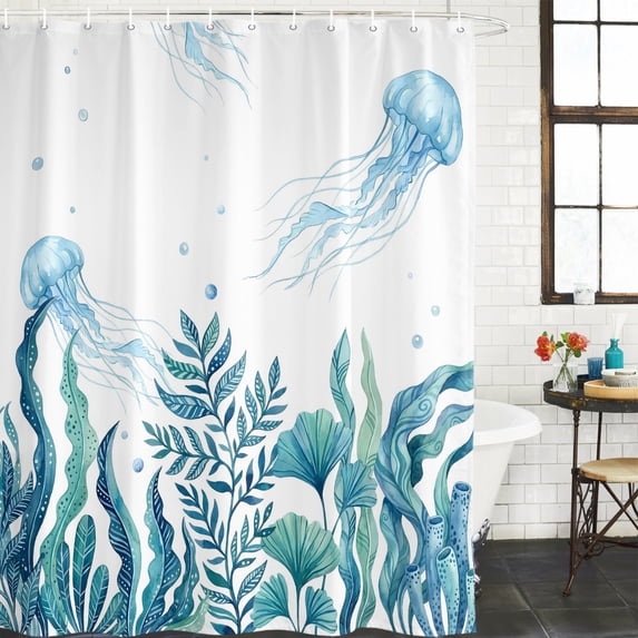 Blue Summer Ocean Shower Curtain, Jellyfish Seaweed Watercolor Coastal ...
