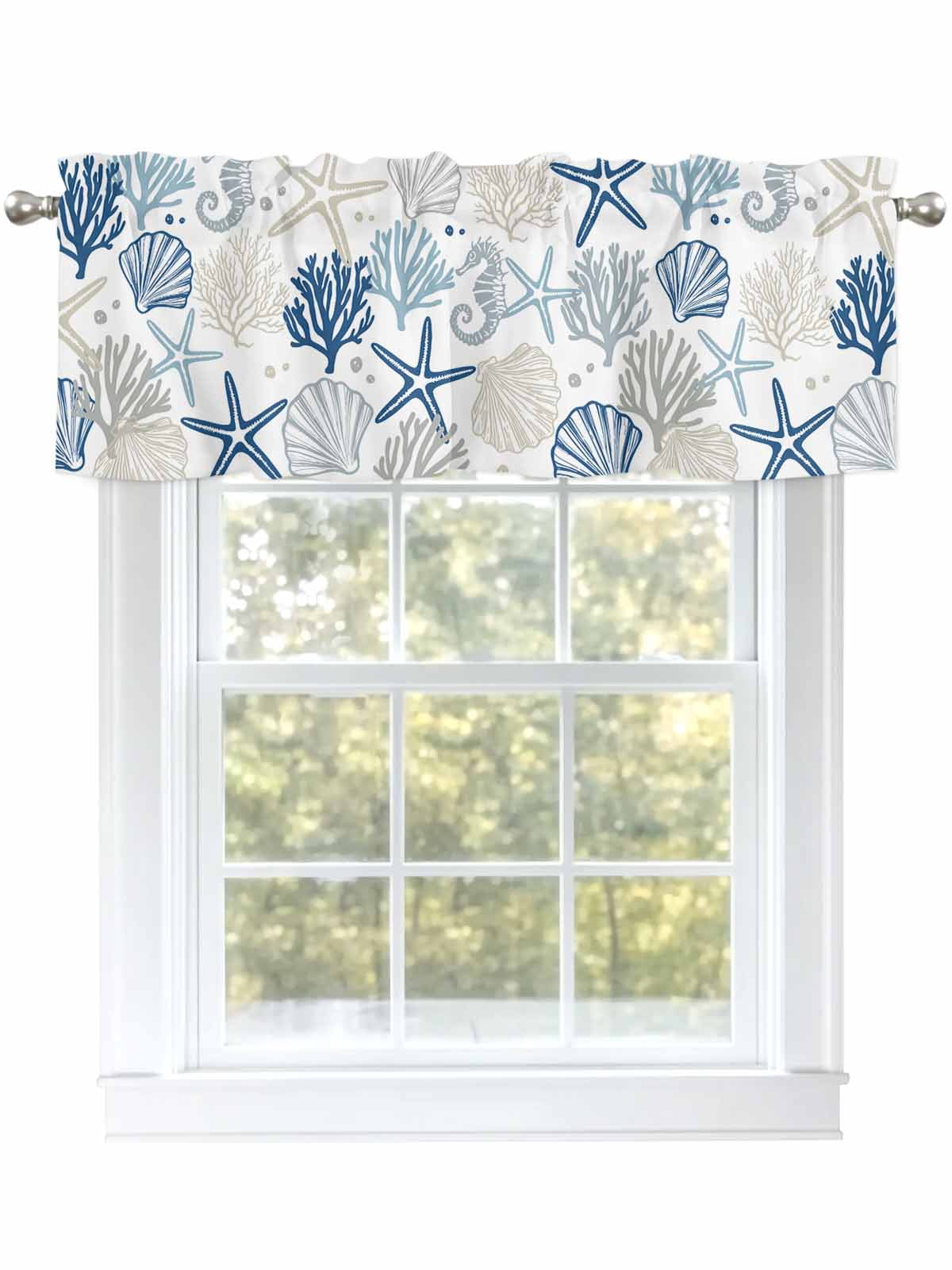 Blue Summer Ocean Starfish Curtain Valances for Windows, Seahorse Shell ...