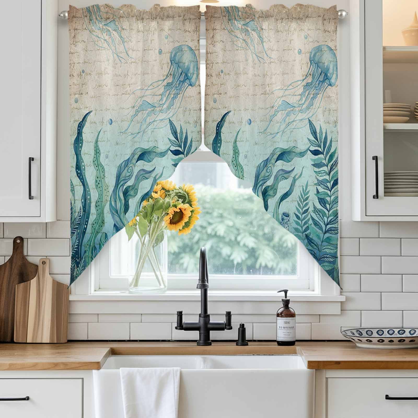 Blue Summer Ocean Swag Curtain Valance for Windows, Jellyfish Seaweed ...