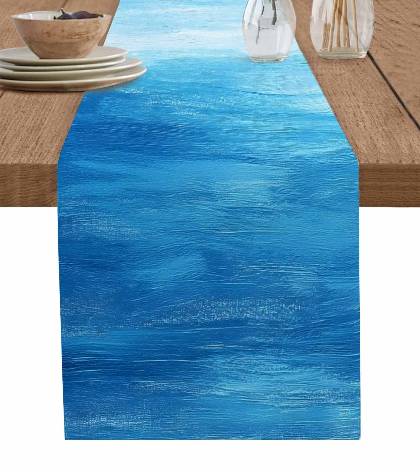 Blue Summer Ocean Table Runner 36 Inches, Modern Abstract Coastal Wave ...