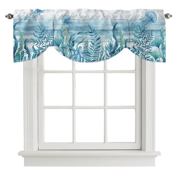 Blue Summer Ocean Tie Up Valance Curtains Jellyfish Seaweed Coastal ...