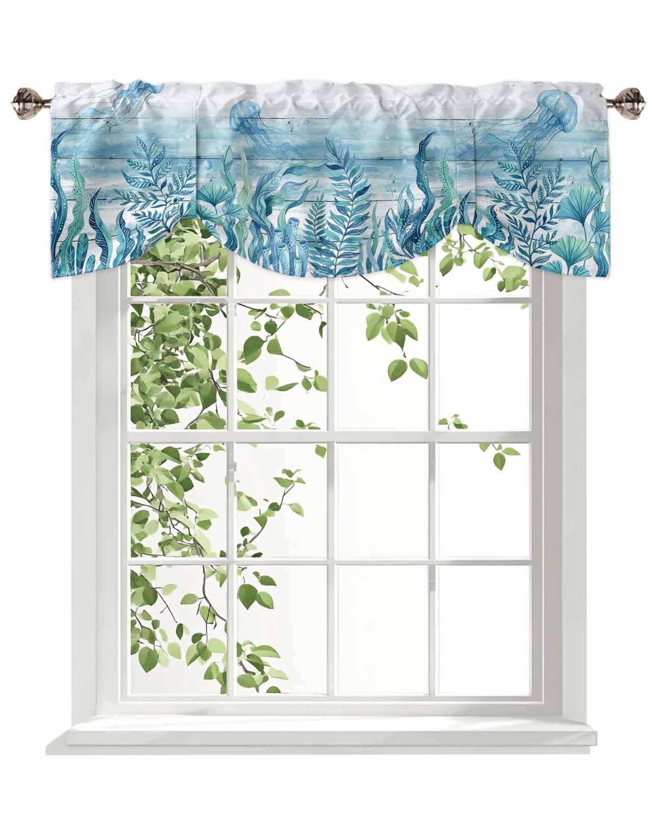 Blue Summer Ocean Tie Up Valances Curtain, Jellyfish Seaweed Coastal ...