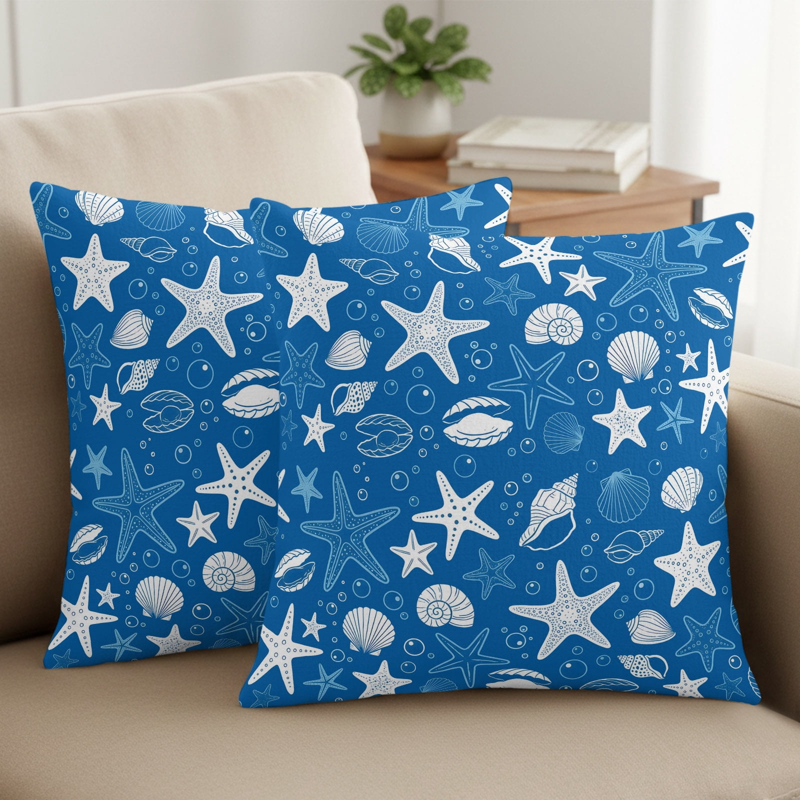 Blue Summer Pillow Covers Set of 2, Starfish Shell Bubble Nautical ...