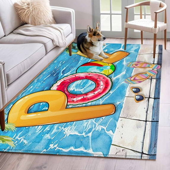 Blue Summer Pool Area Rug 4x6 Washable Rug Non Slip Watermelon Swimming ...