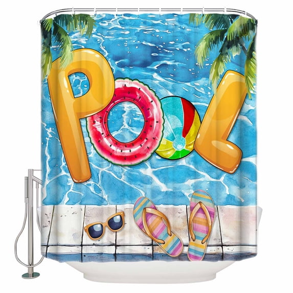 Blue Summer Pool Bathroom Shower Curtains with 12 Hooks Polyester ...