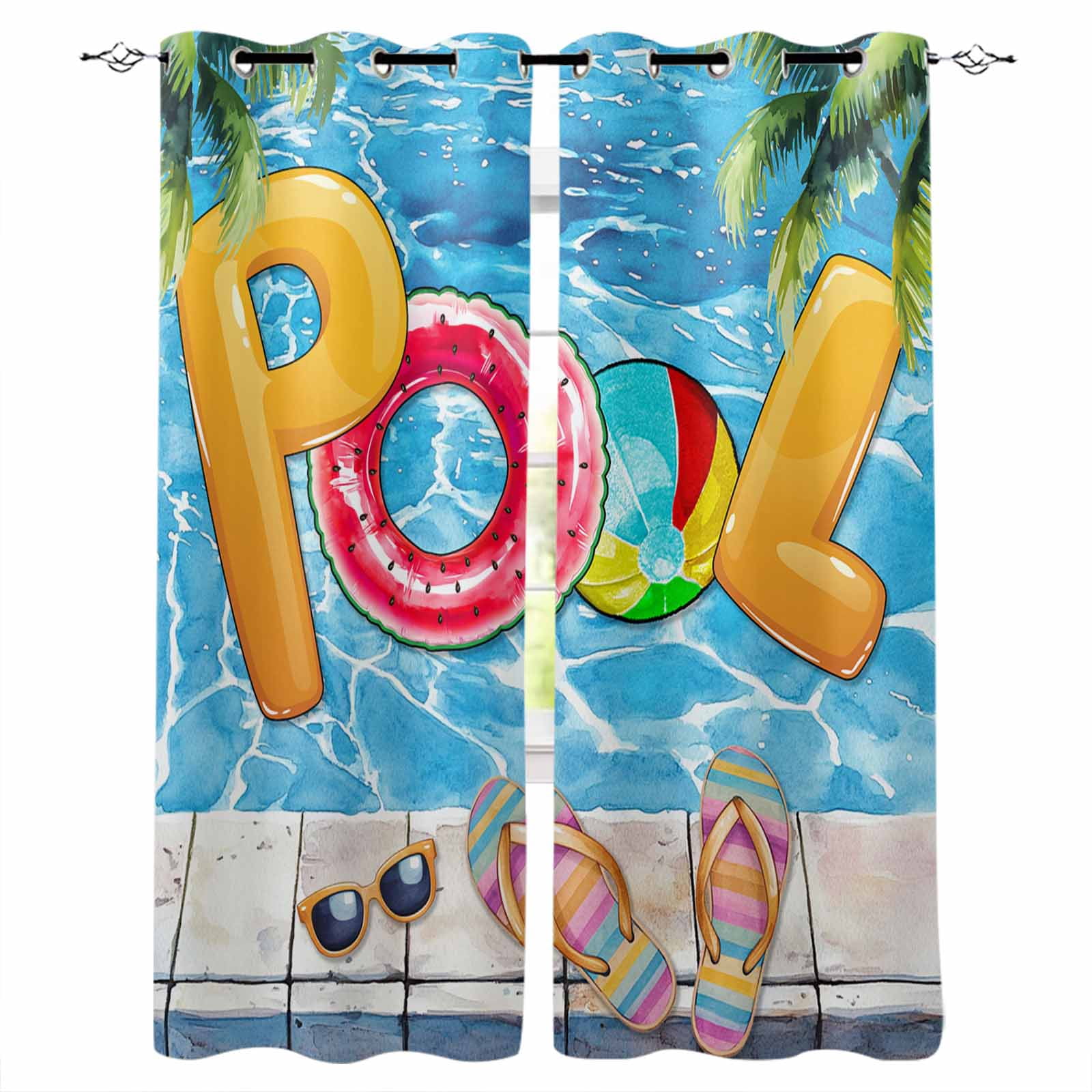 Blue Summer Pool Blackout Curtains 90 Inches Long for Bedroom ...