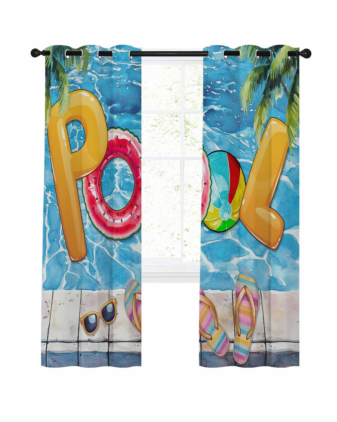 Blue Summer Pool Blackout Curtains, Light Blocking Print Window ...
