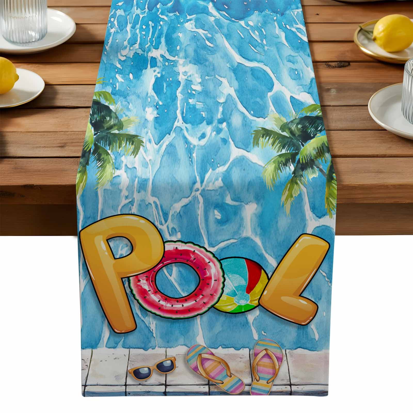 Blue Summer Pool Cotton Linen Table Runner for Dining Kitchen ...