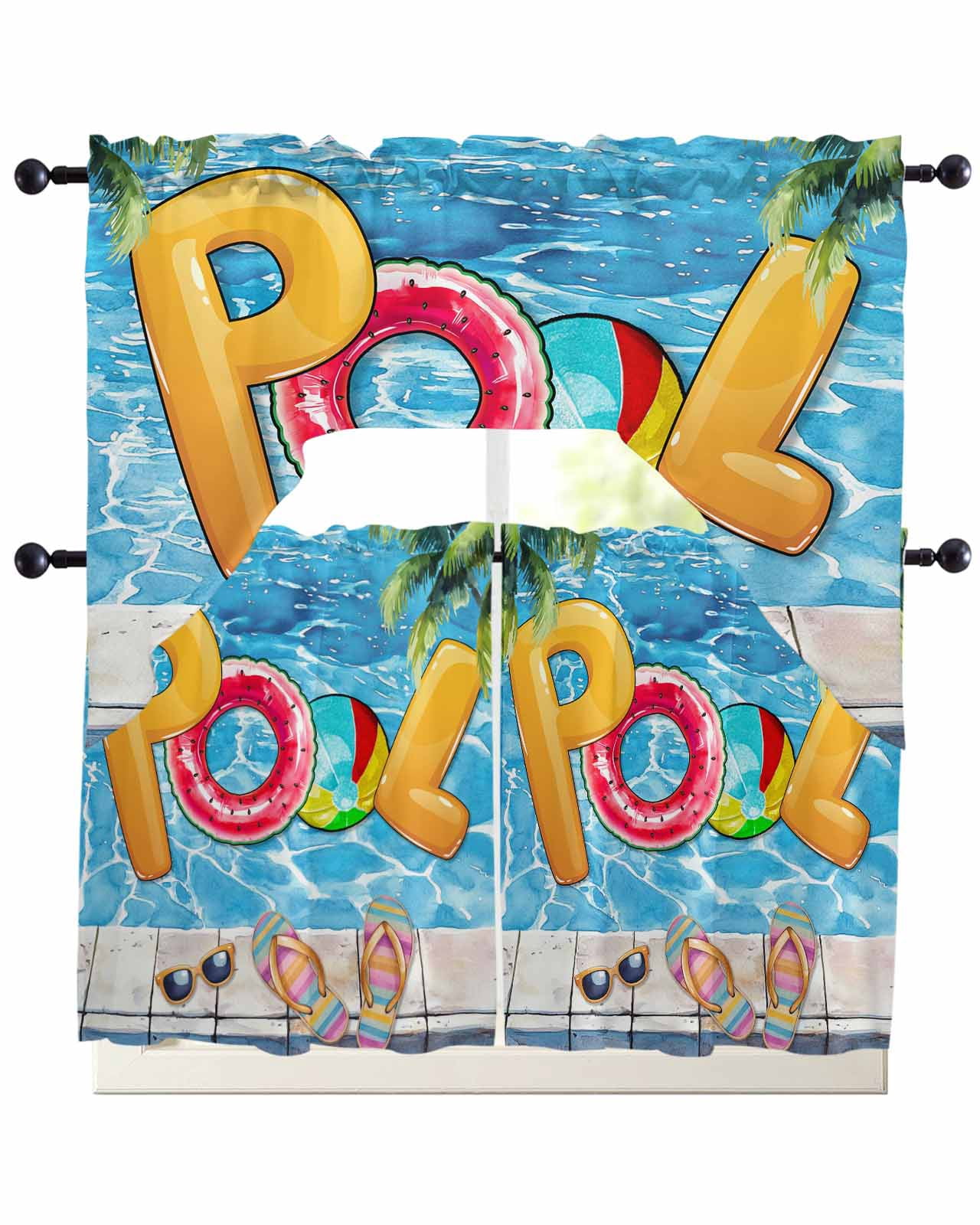 Blue Summer Pool Kitchen Curtains Sets 24 Inch Length with Valance ...