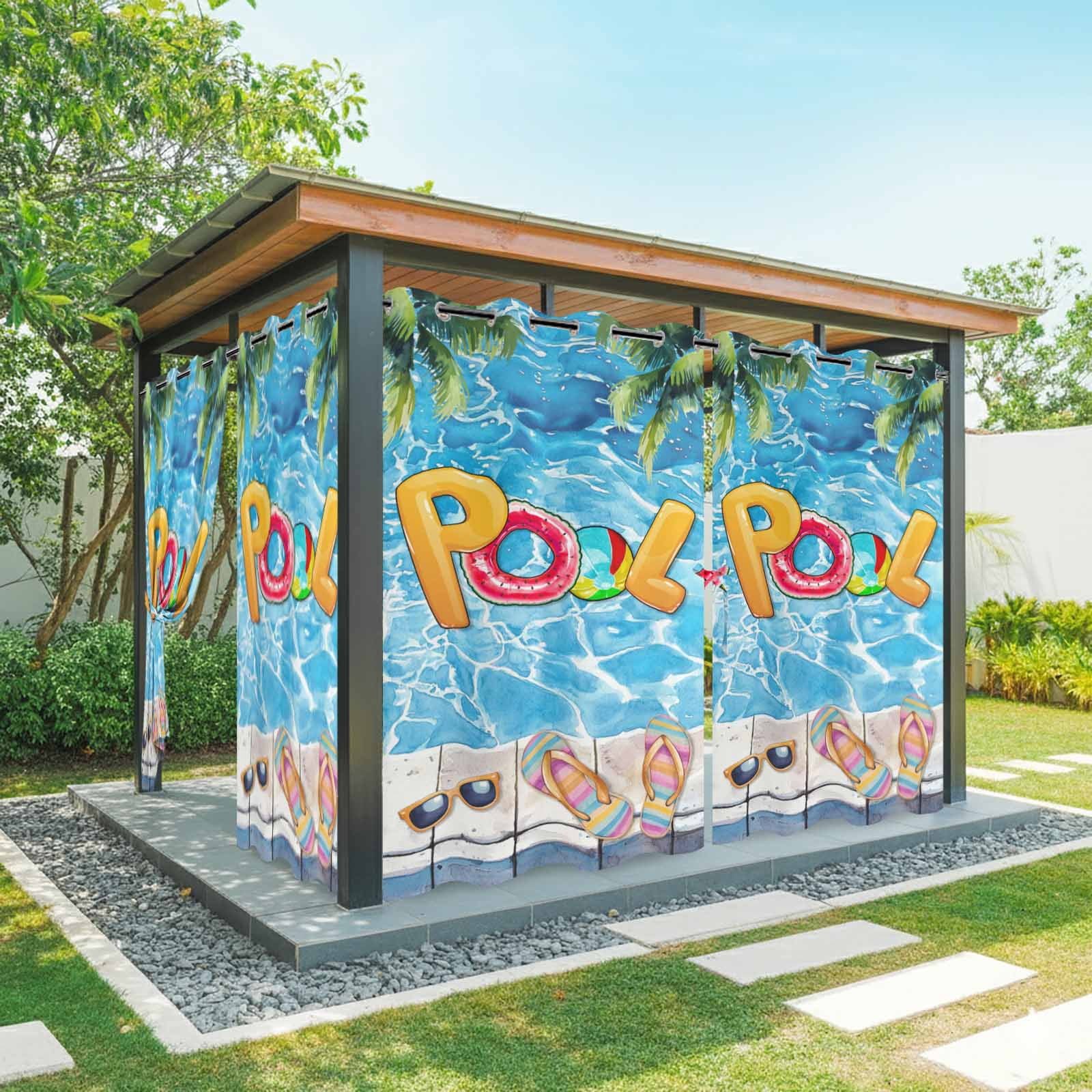 Blue Summer Pool Outdoor Curtains for Patio Waterproof,Windproof ...