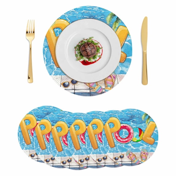 Blue Summer Pool Round Placemats Set of 6, Braided Polypropylene Place ...