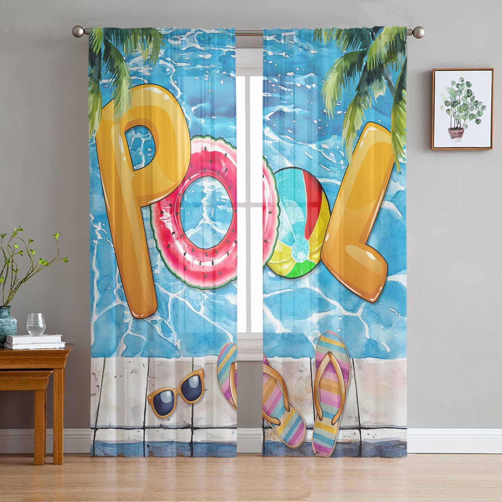 Blue Summer Pool Sheer Curtains 108 Inch Length 2 Panels Set for Living ...