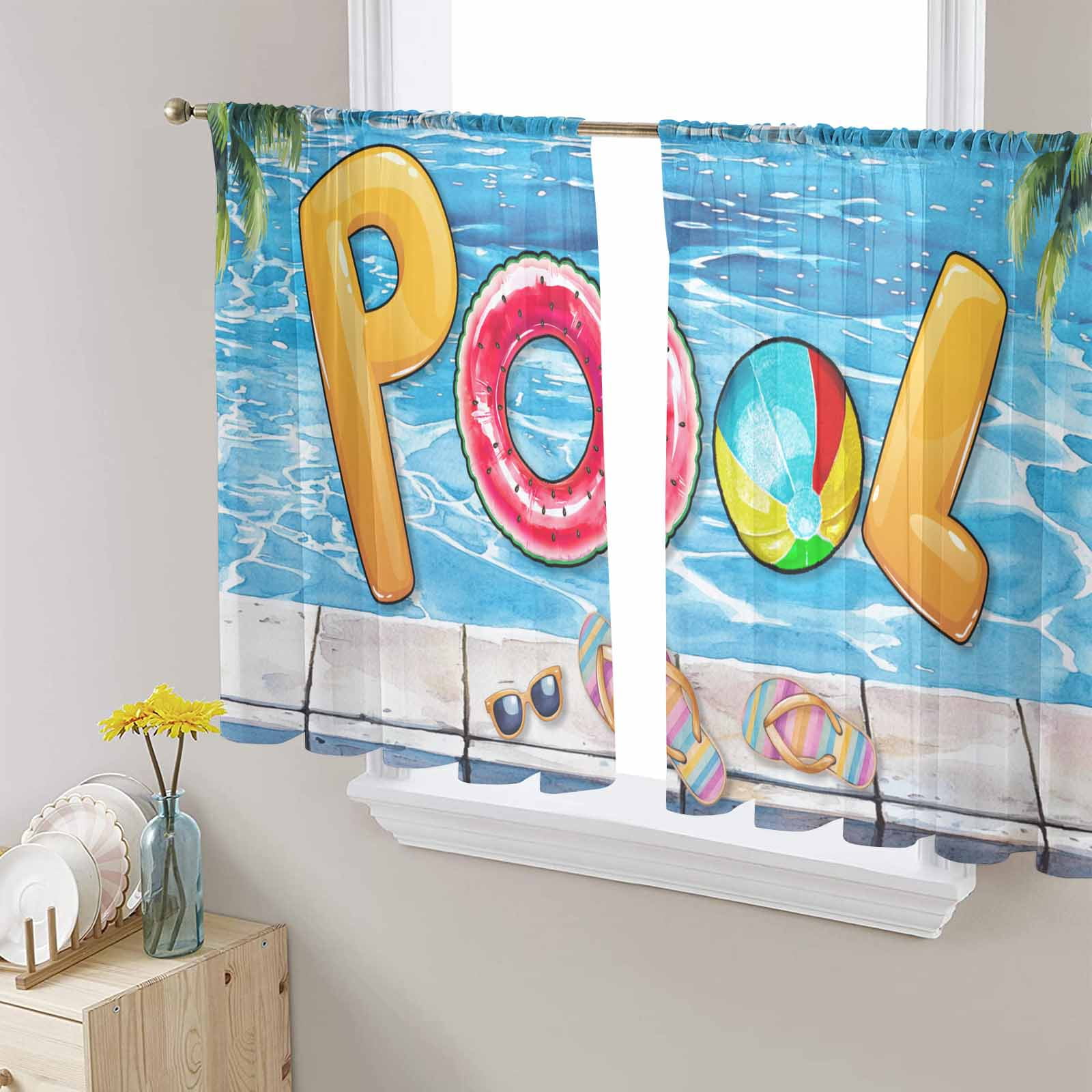 Blue Summer Pool Sheer Curtains 45 Inch Length 2 Panels Set for Living ...