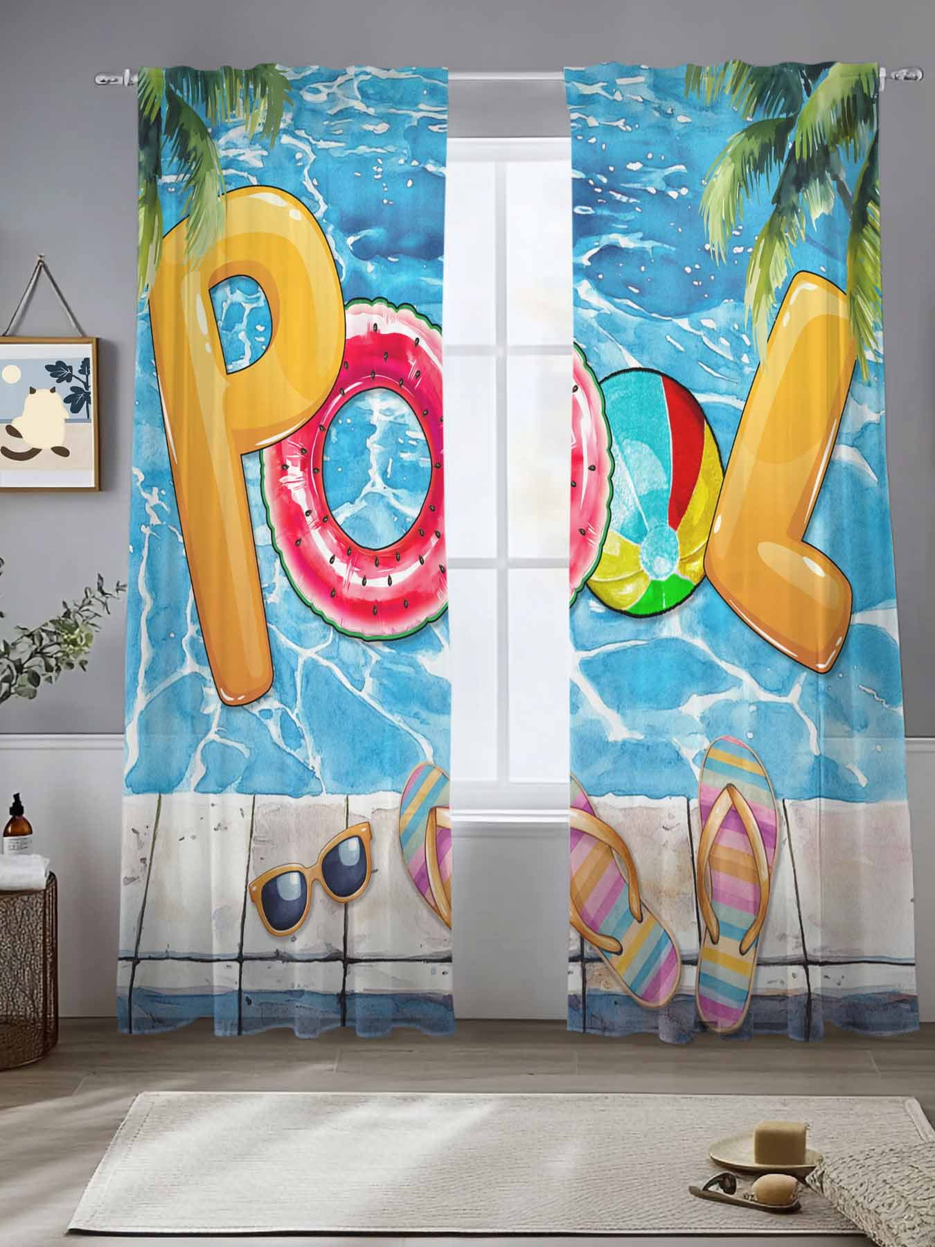 Blue Summer Pool Sheer Curtains for Living Room Bedroom Watermelon ...