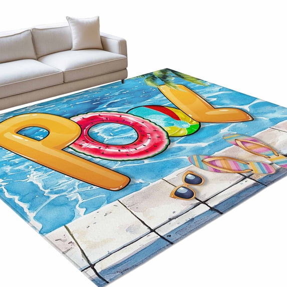 Blue Summer Pool Washable Rug 5x7 Area Rug for Living Room Bedroom Non ...