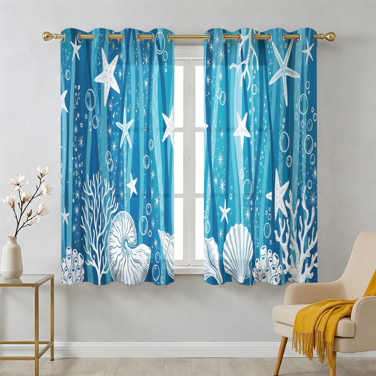 Blue Summer Sheer Curtains 39 Inch Long 2 Panels, Starfish Shell Couch ...