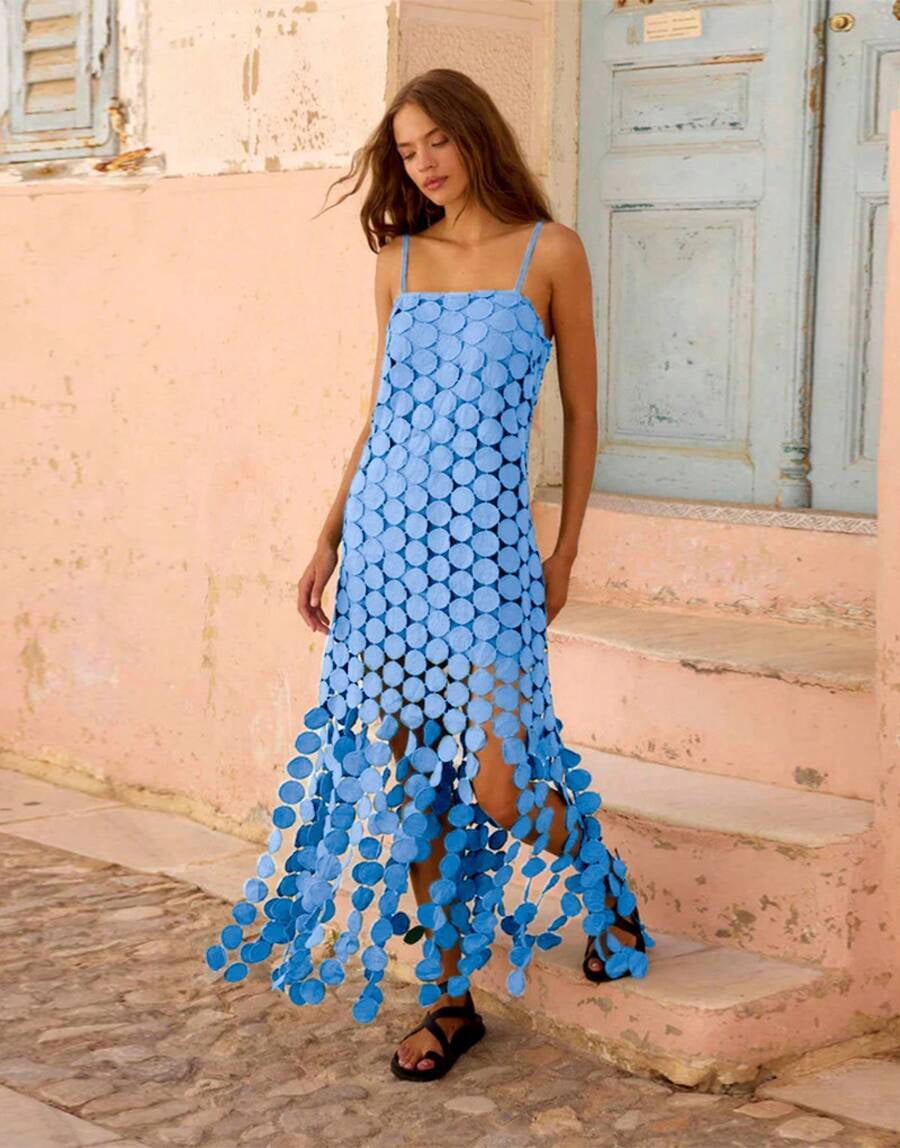 Blue Summer Spaghetti Strap Maxi Dress With 3D Circular Overlay And ...