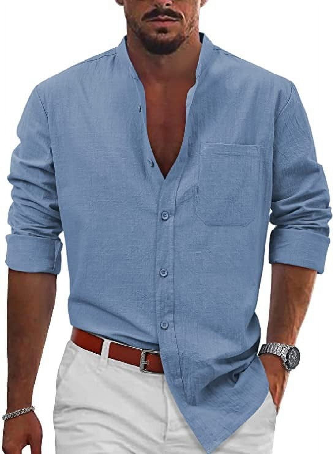 Blue Summer Wedding Shirt, Cotton Casual Dress Shirts for Men, Long ...