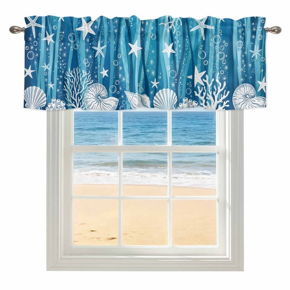Blue Summer Window Valance for Kitchen, Starfish Shell Couch Seaweed ...