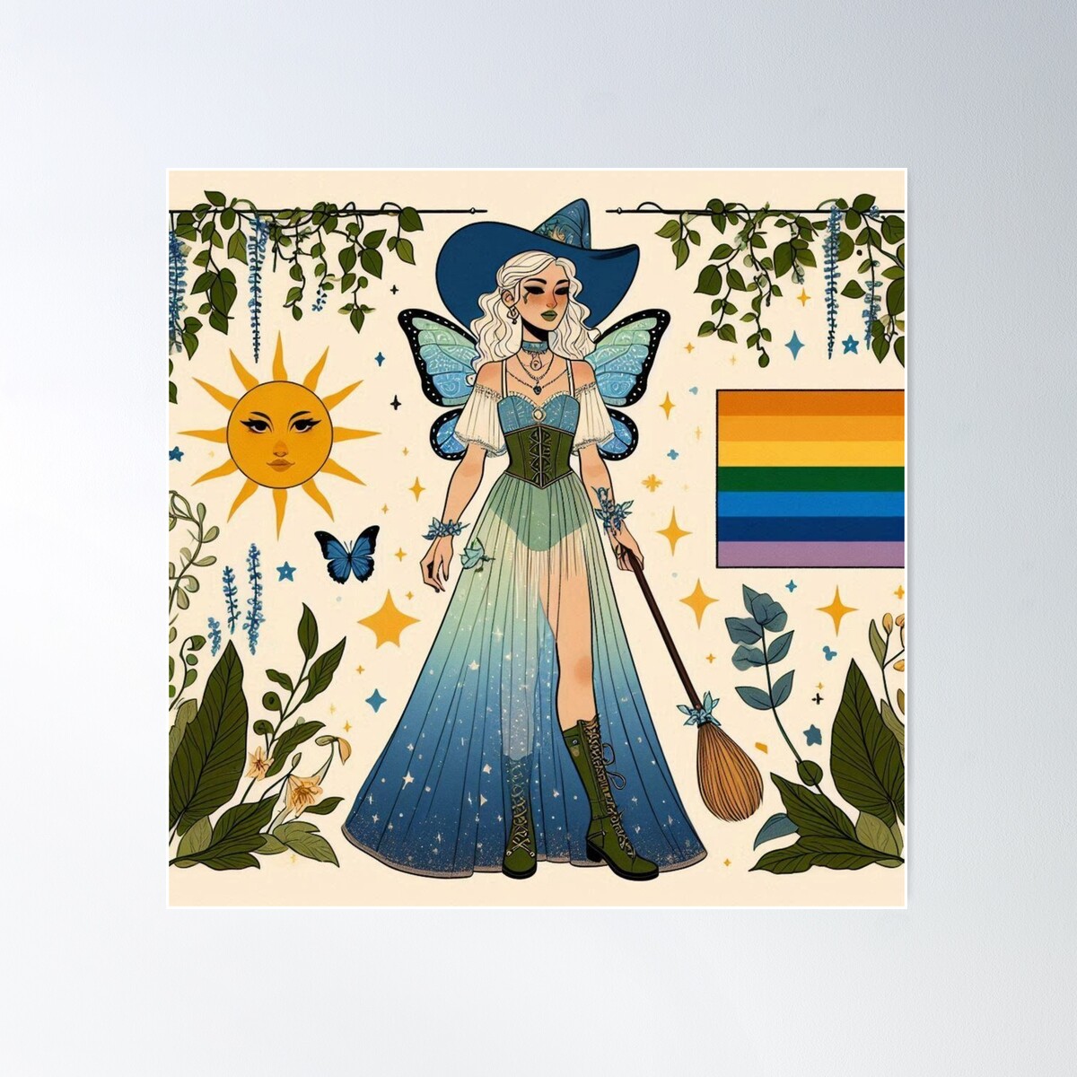 Blue Sun Fae & Vine Poster Wall Art, Modern Wall Decor For Living Room ...