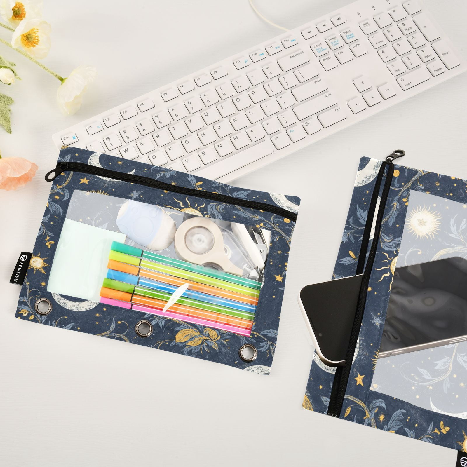 Blue Sun Moon Leaves 2 Pack Pencil Pouches Zipper Pencil Case 3 Ring ...