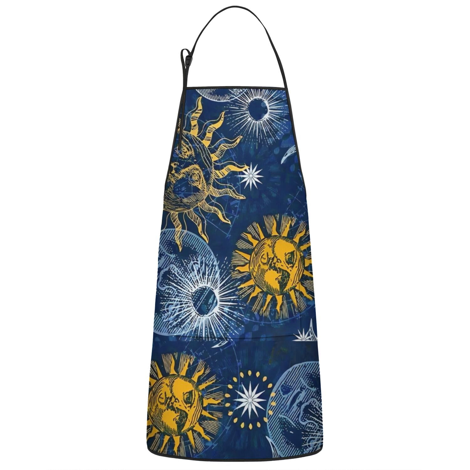 Blue Sun Moon Star Pattern Apron-Garden Aprons for Women with Pockets-Cotton Linen Waterproof ...