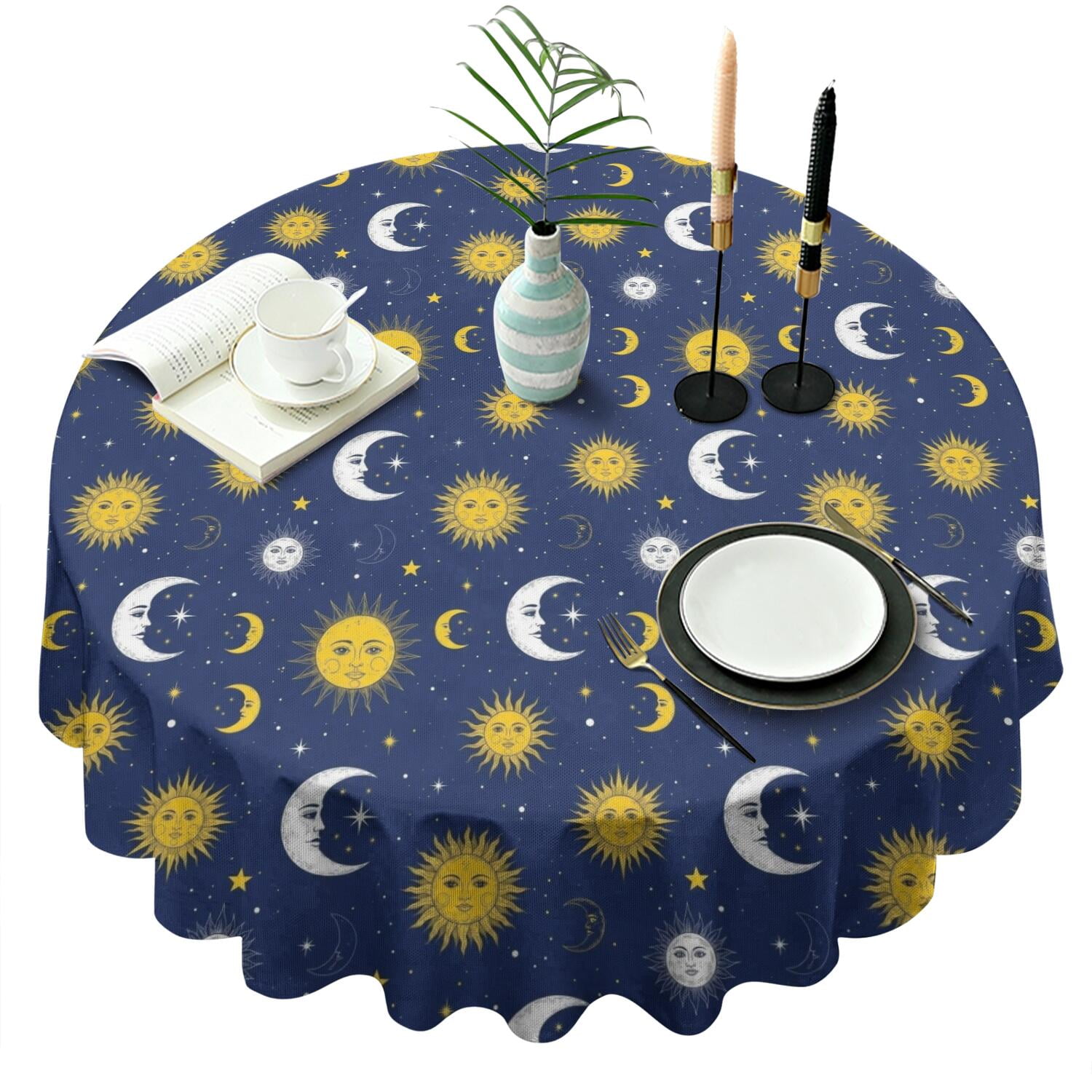 Blue Sun Moon Star Pattern Round Tablecloth 60"x60",Wrinkle Wipeable ...