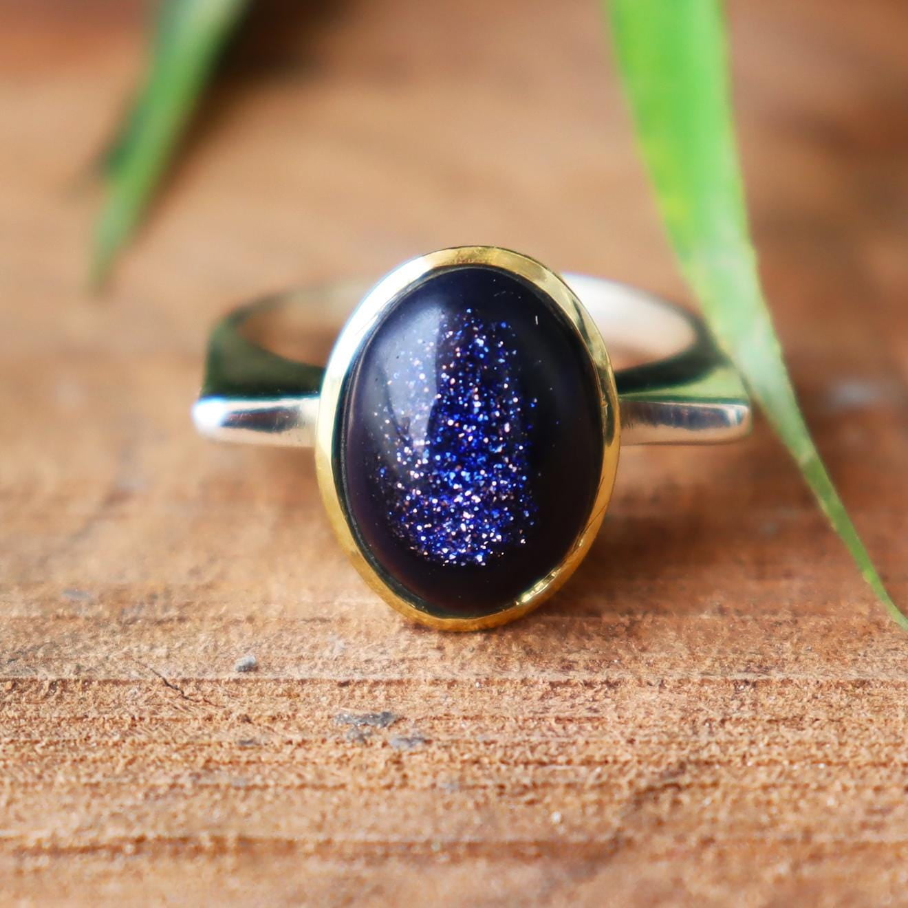 Blue Sun Stone Ring, 925 Sterling Silver Ring, Navy Blue Stone, Oval ...