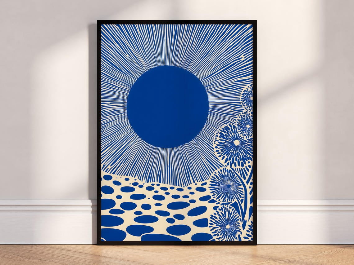 Blue Sun and Flowers Contemporary Art Poster Unframed Paper Print ...