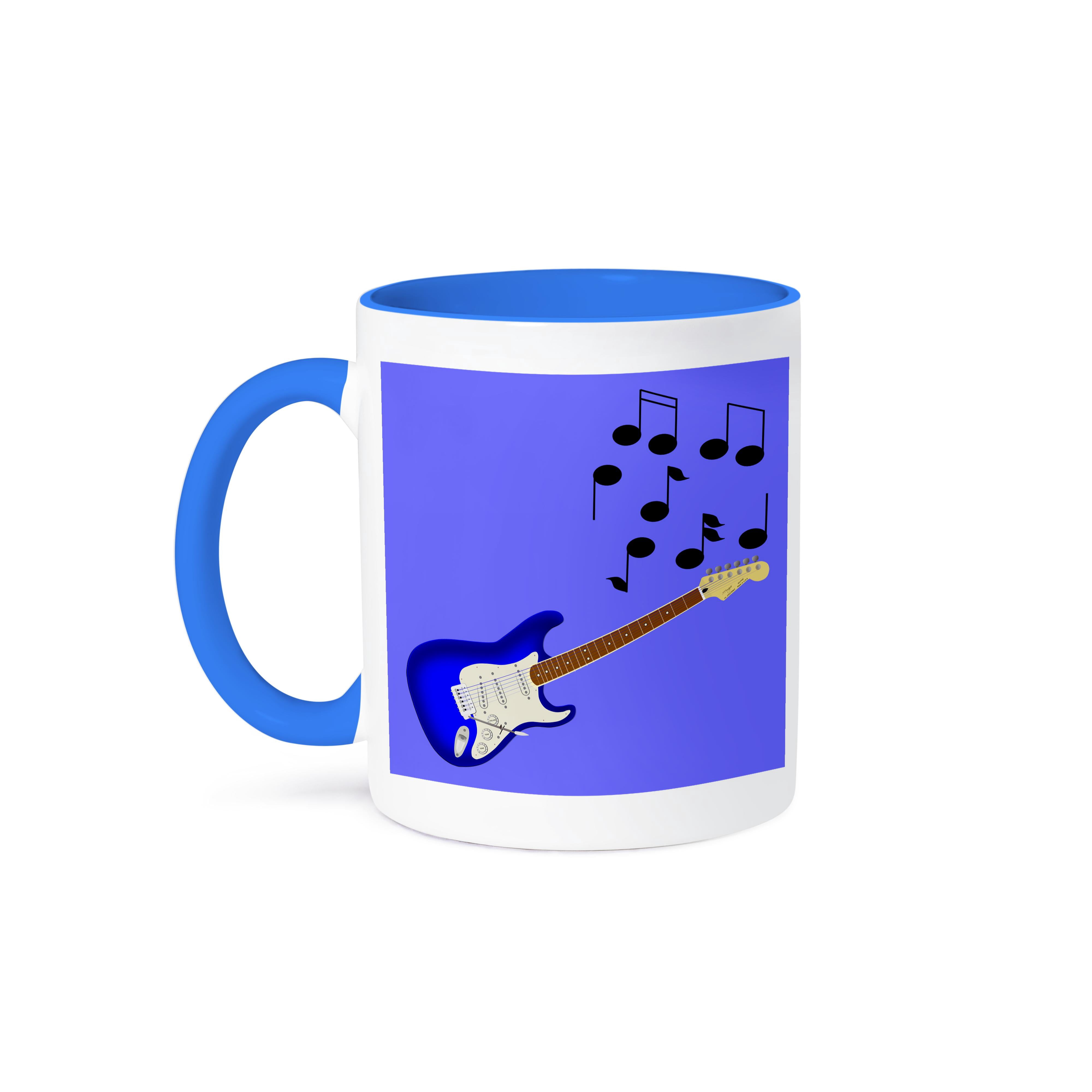 3dRose, Blue Sunburst Guitar with musical notes, 15oz Two-Tone Blue Mug ...