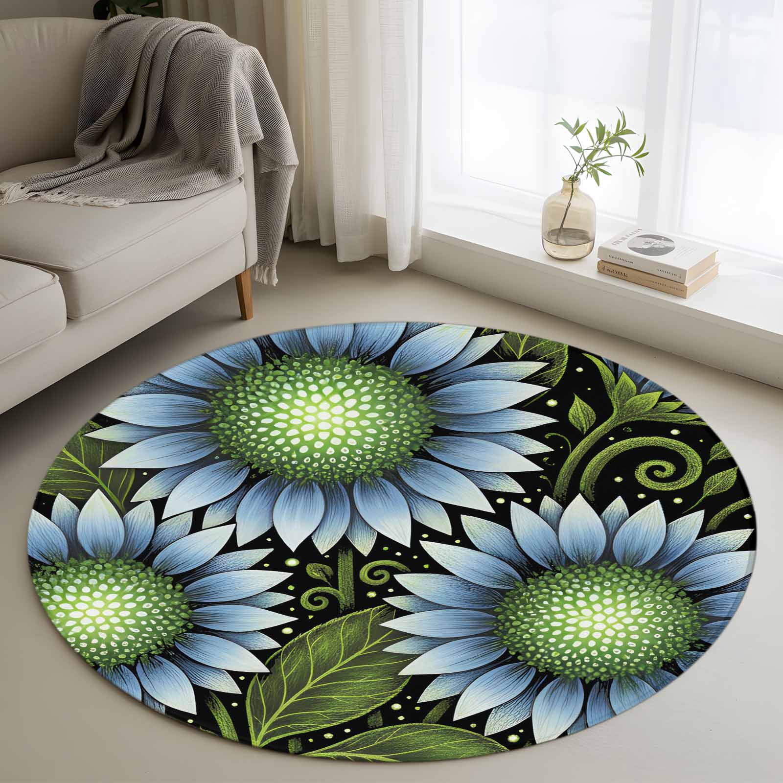 Blue Sunflower 3FT Round Area Rugs Country Pastoral Vintage Blue Green ...