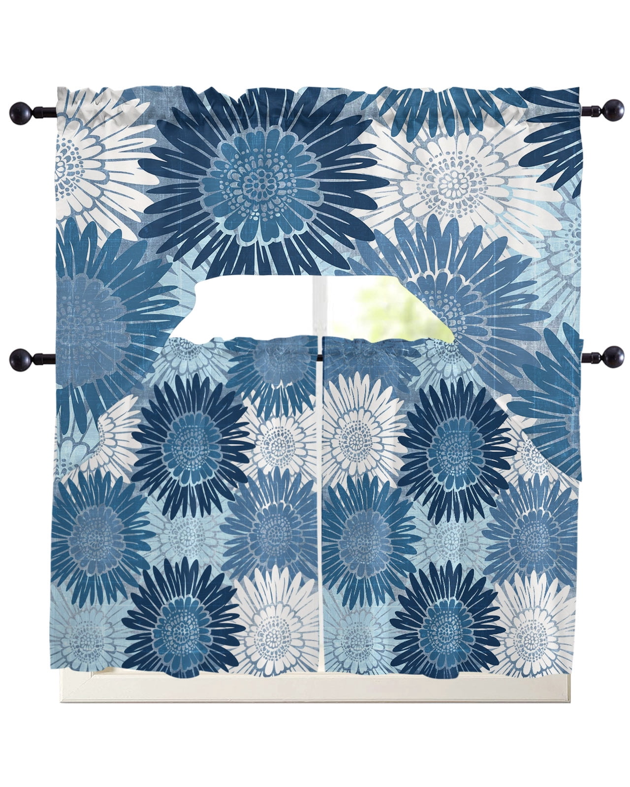 Blue Sunflowers Kitchen Curtains Set for Windows 3 Piece Cafe Curtains ...