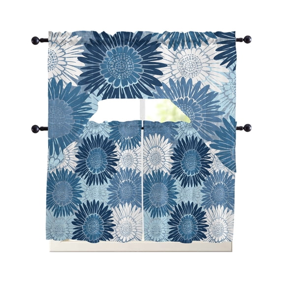 Blue Sunflowers Kitchen Curtains Set for Windows 3 Piece Cafe Curtains ...