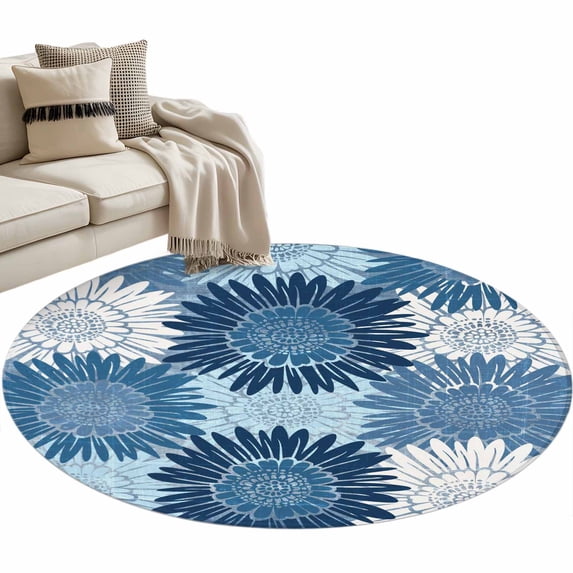 Blue Sunflowers Round Rug 3ft Washable Circle Entryway Rugs Non Slip ...