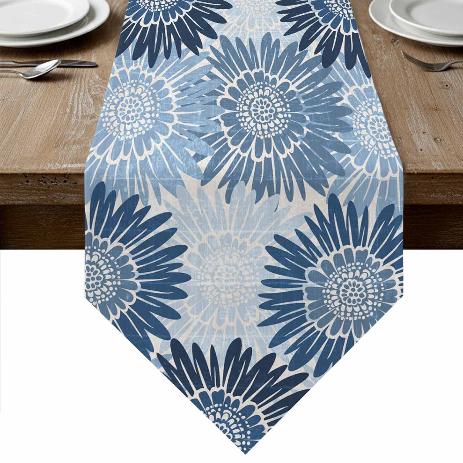 Blue Sunflowers Table Runner Linen Burlap Table Runner 70 Inches Long ...