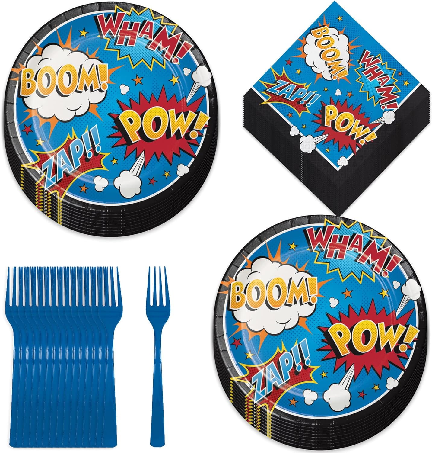 Blue Superhero Action Paper Dinner Plates, Lunch Napkins, and Forks ...